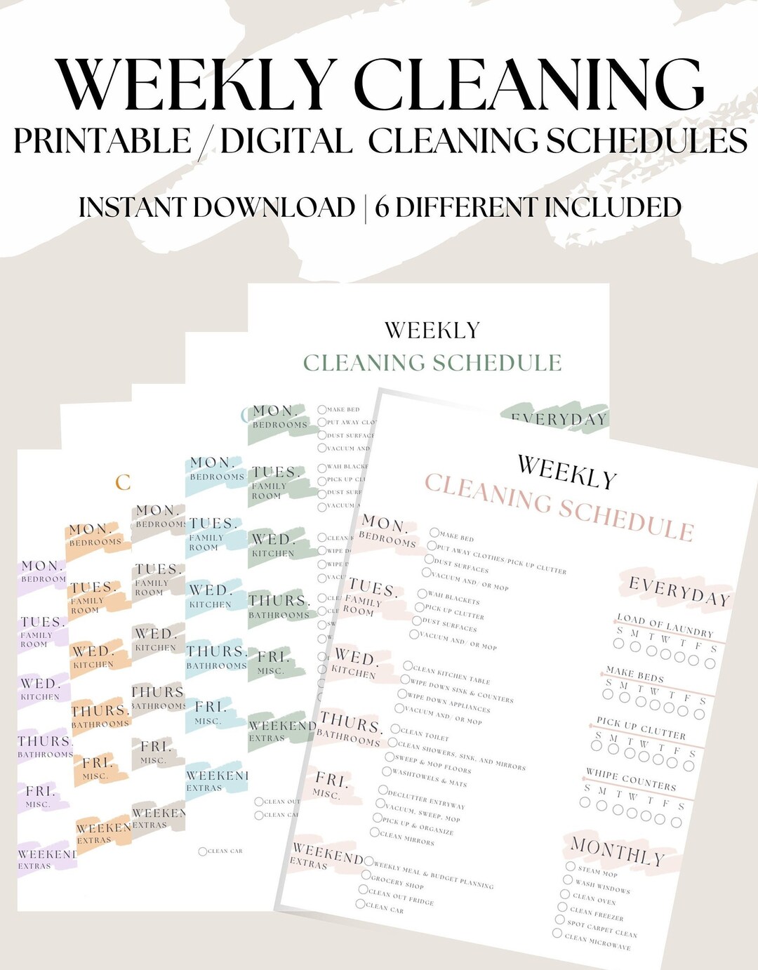 SET of 6 Different Printable Weekly Cleaning Printable Cleaning Planner ...