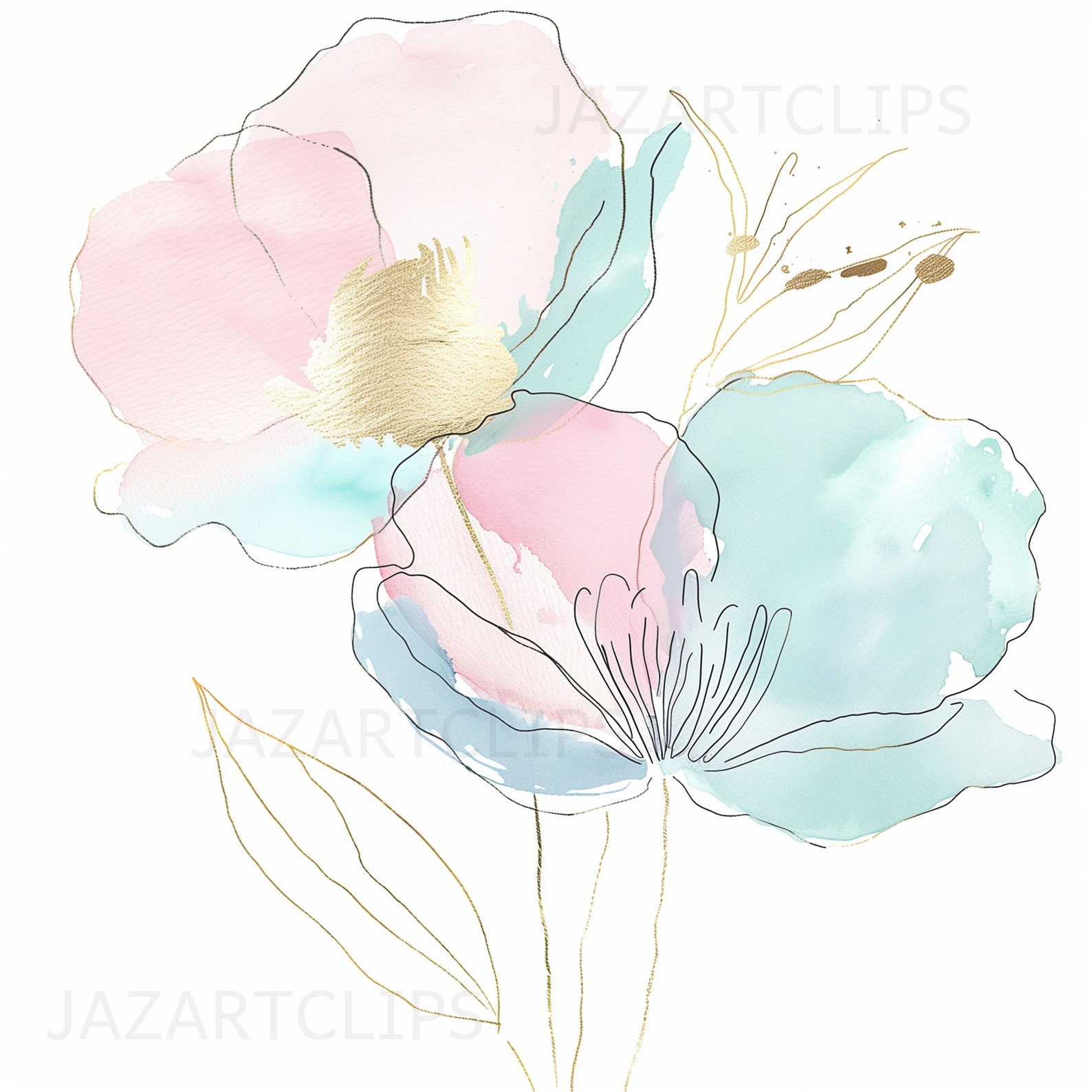Watercolor Flowers Clipart: Pink & Blue Abstract Floral Art (digital ...