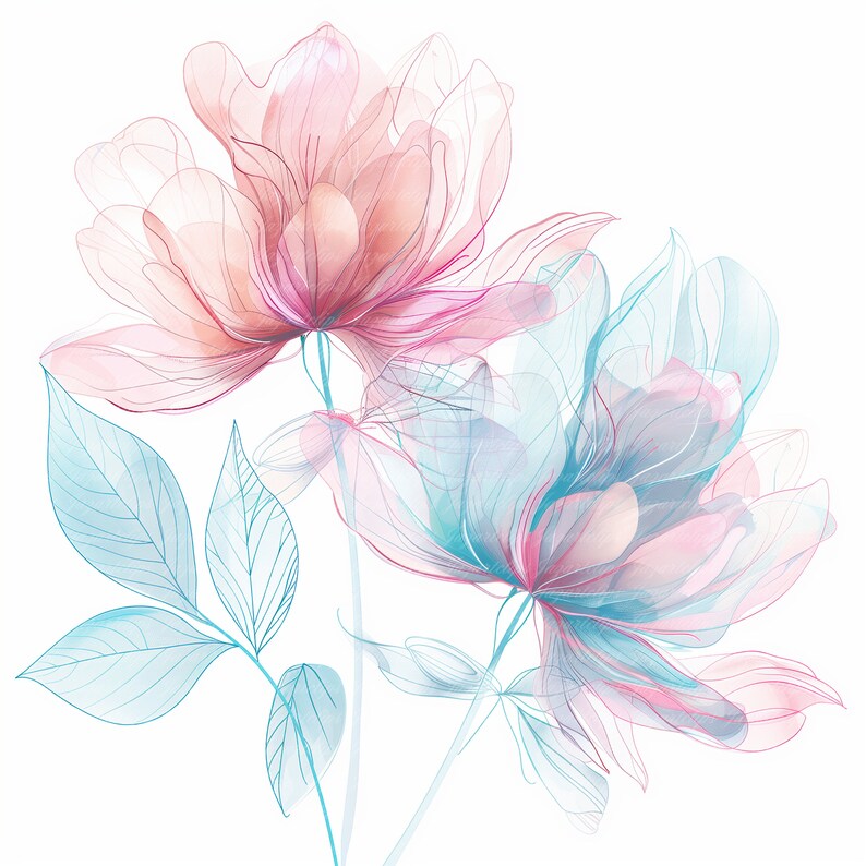 12 Abstract Watercolor Blue& Pink Flowers Clipart, Printable Watercolor ...