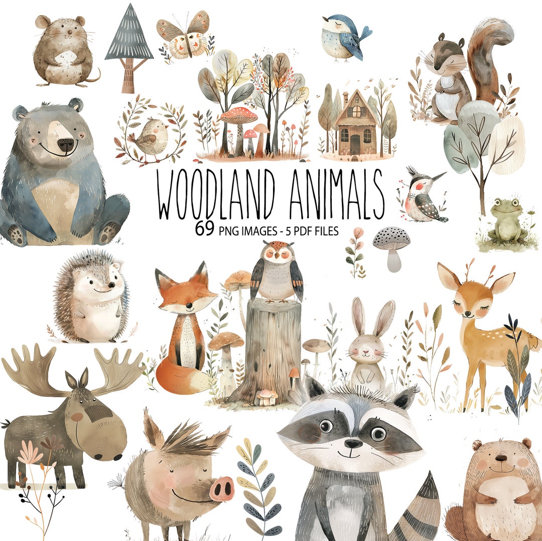 Watercolor Woodland Animals Clipart: Forest Nursery PNG Set (digital ...