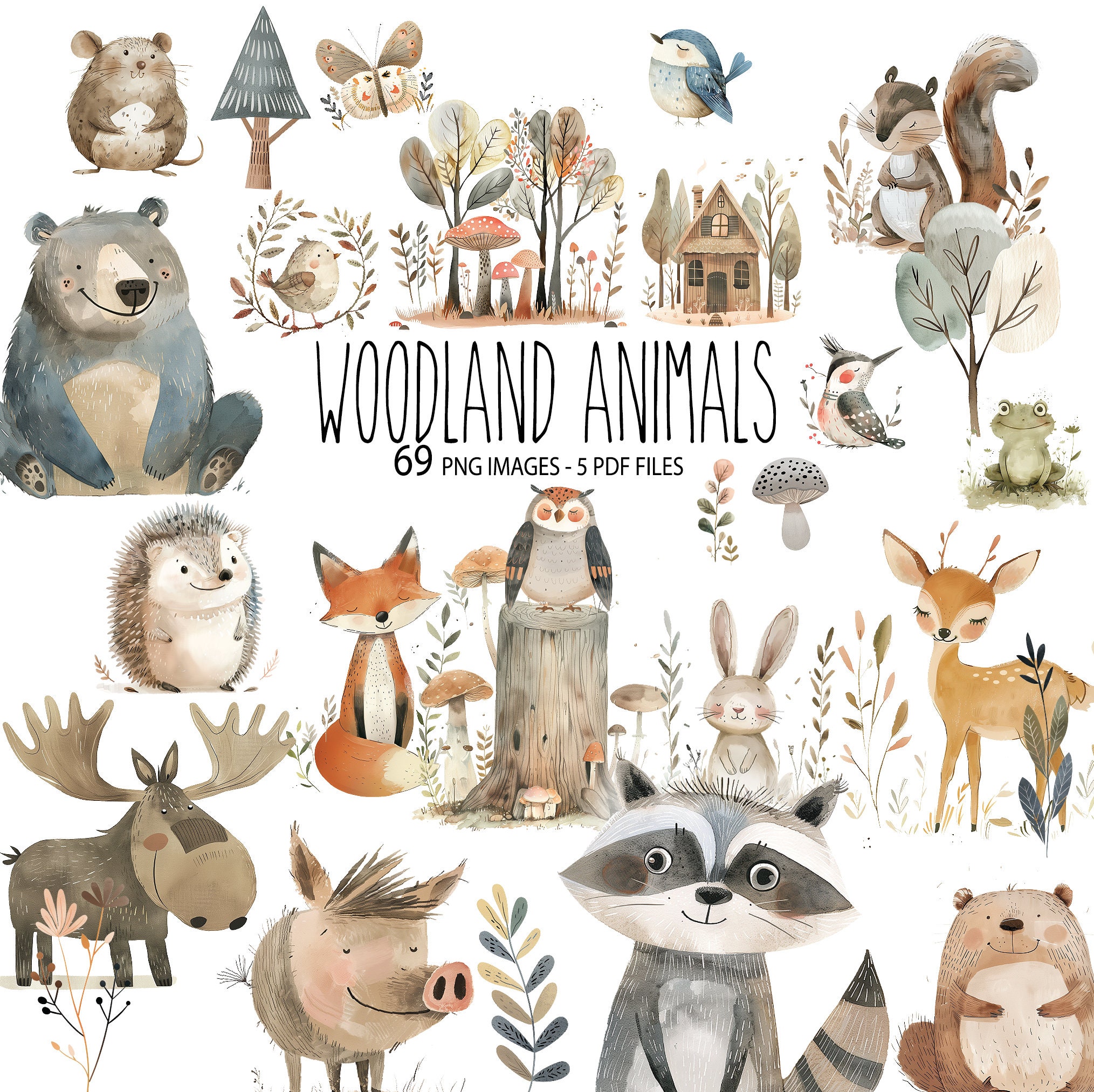 Watercolor Woodland Animals Clipart: Forest Nursery PNG Set (digital ...