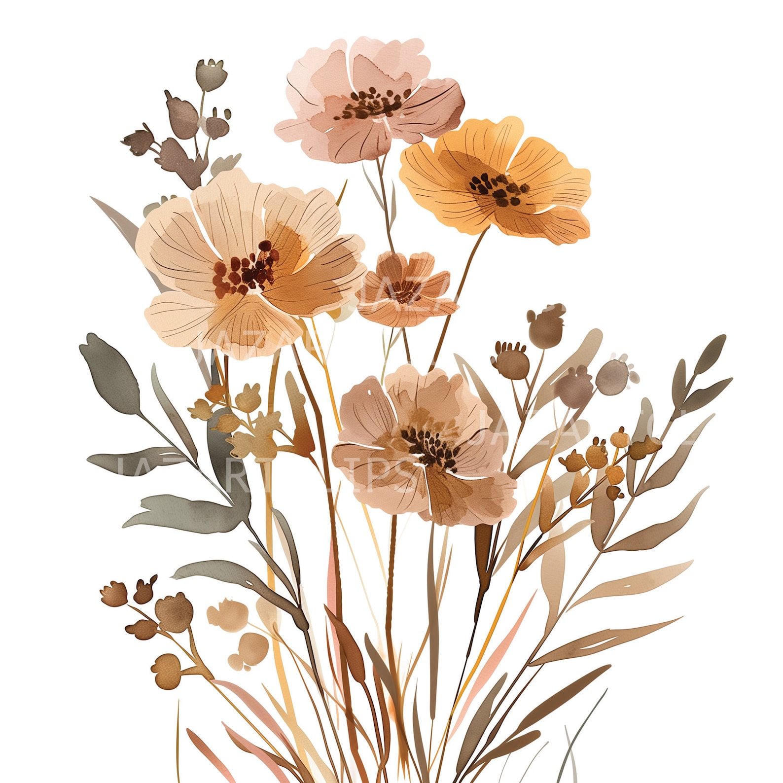 12 Wild Flowers Clipart, Boho Dried Flowers, Printable Watercolor ...