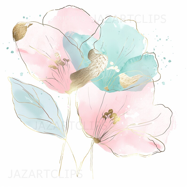 17 Abstract Pink & Blue Flowers Clipart, Watercolor Flowers Print ...