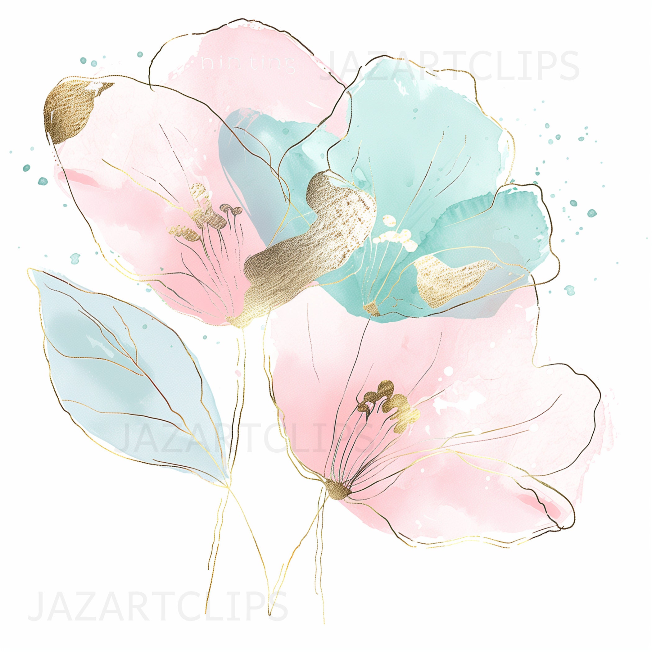 17 Abstract Pink & Blue Flowers Clipart, Watercolor Flowers Print ...