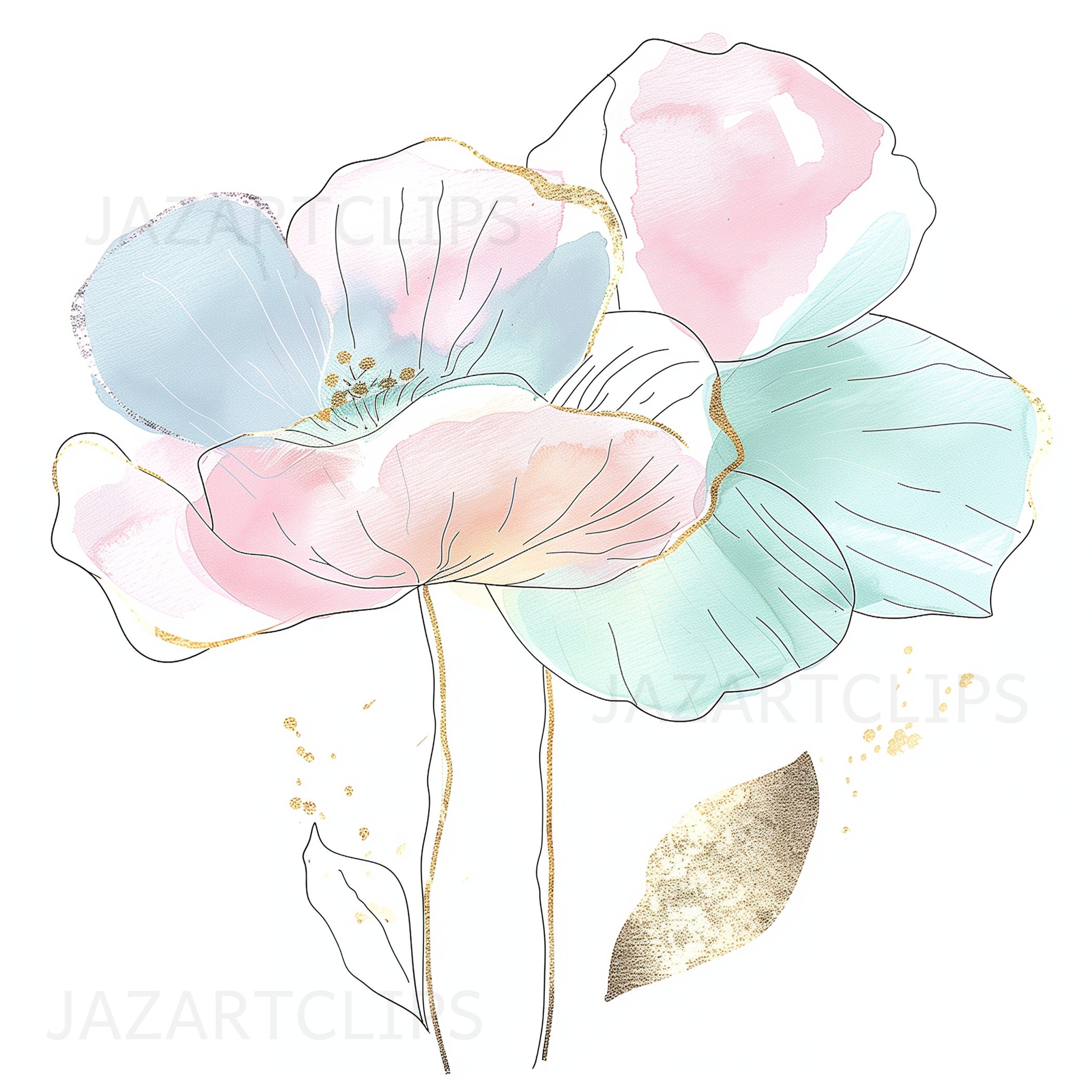 17 Abstract Pink & Blue Flowers Clipart, Watercolor Flowers Print ...