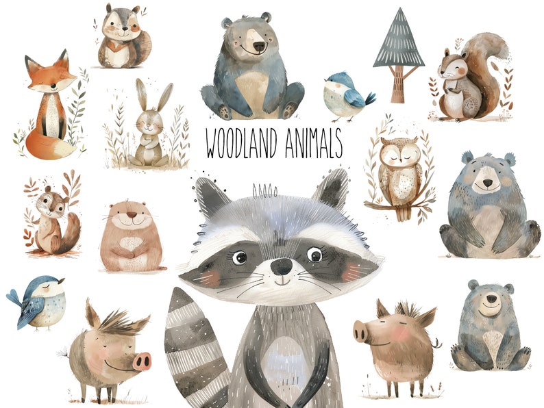 Watercolor Woodland Animals Clipart: Forest Nursery PNG Set (digital ...