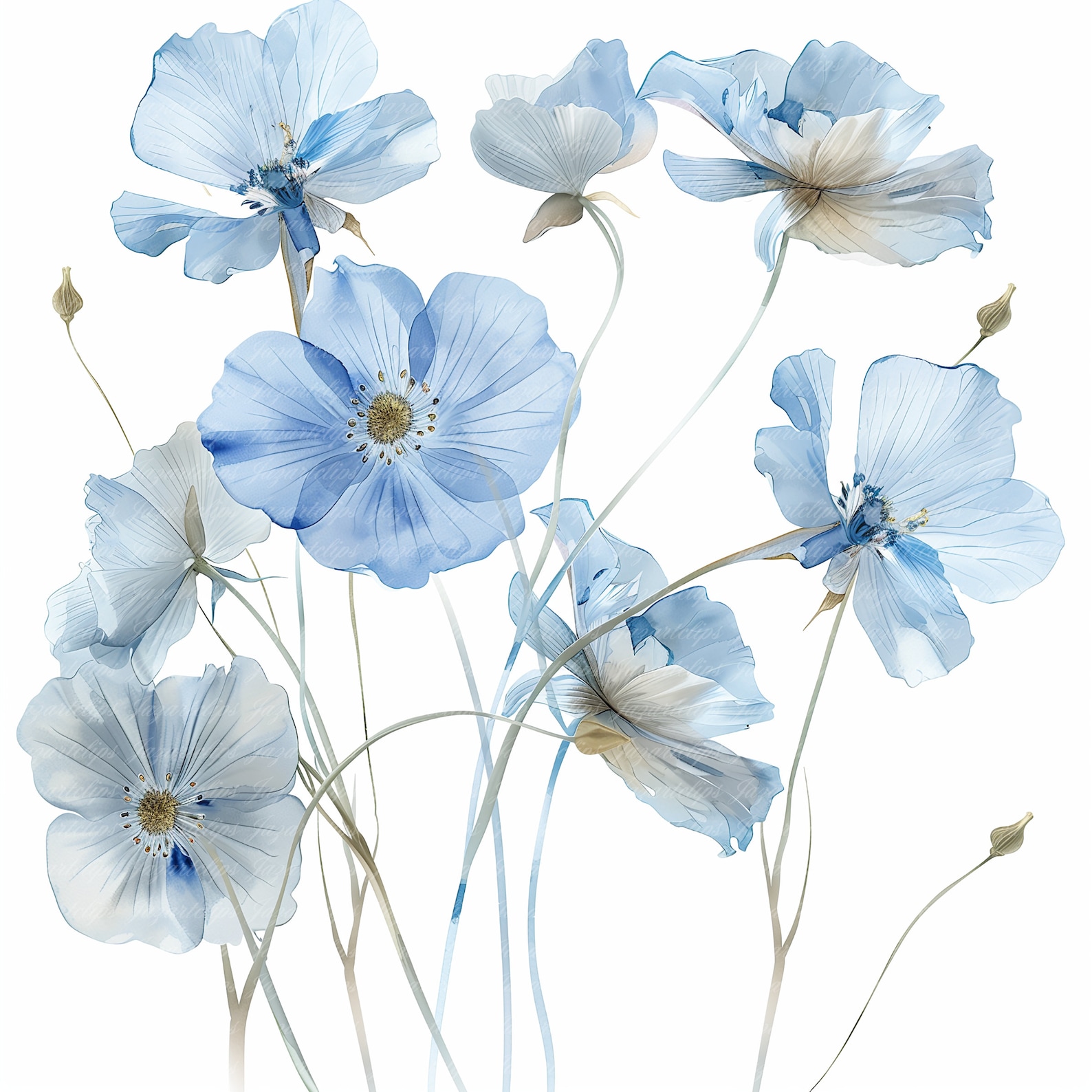 8 Abstract Blue Flowers Clip Art, Dried Flowers, Printable Watercolor ...