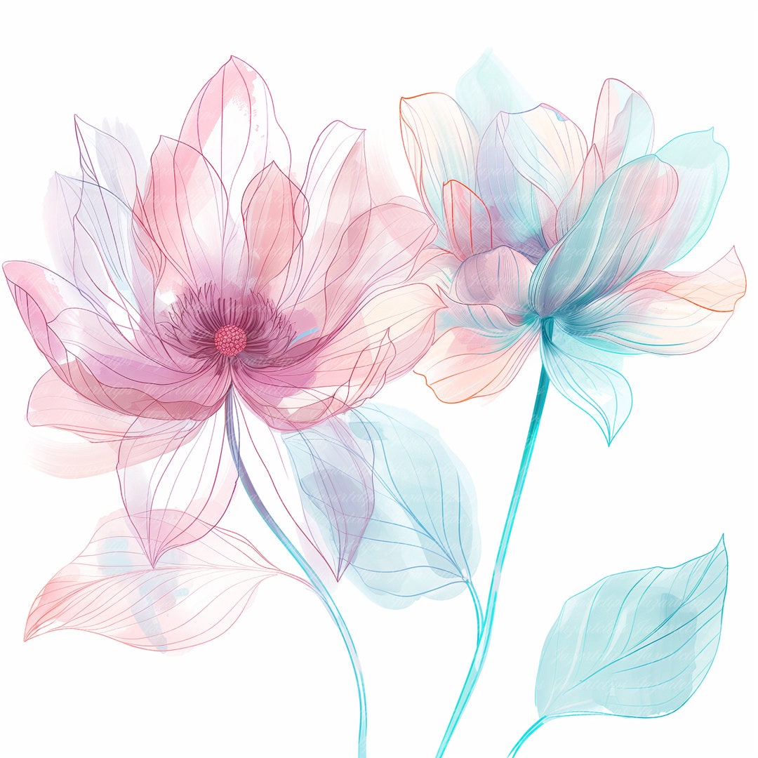12 Abstract Watercolor Blue& Pink Flowers Clipart, Printable Watercolor ...