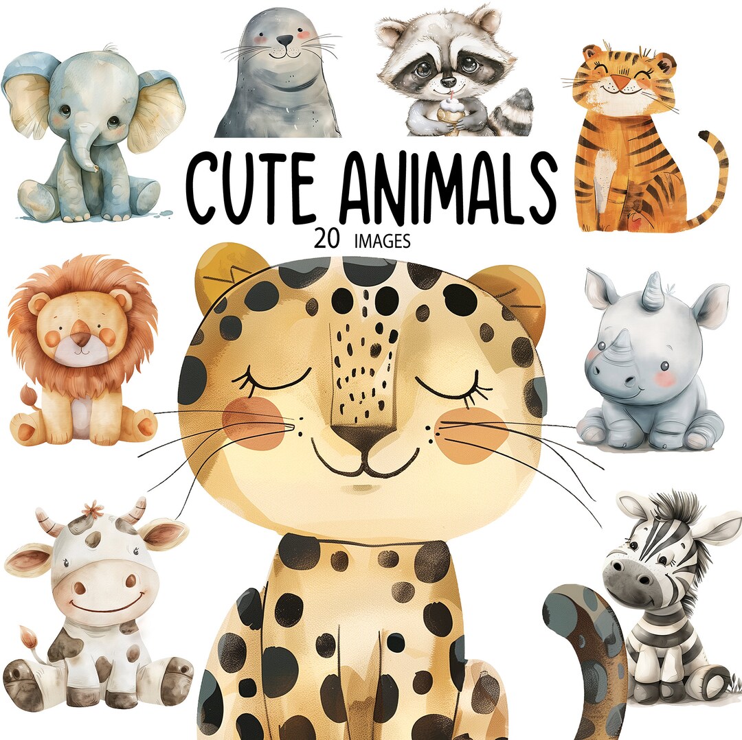 Cute Animal Clipart, Watercolor Cute Animal Clipart, Nursery Print ...