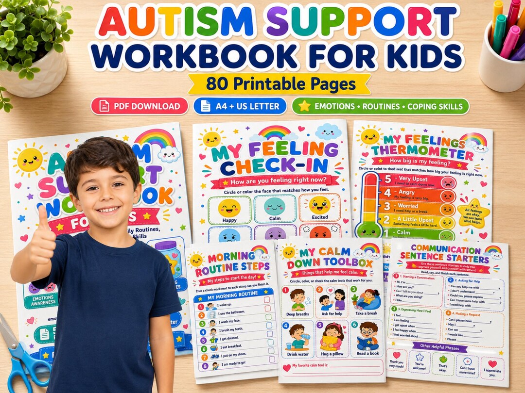 Autism Support Workbook for Kids, 80 Printable Pages, Emotion Cards ...