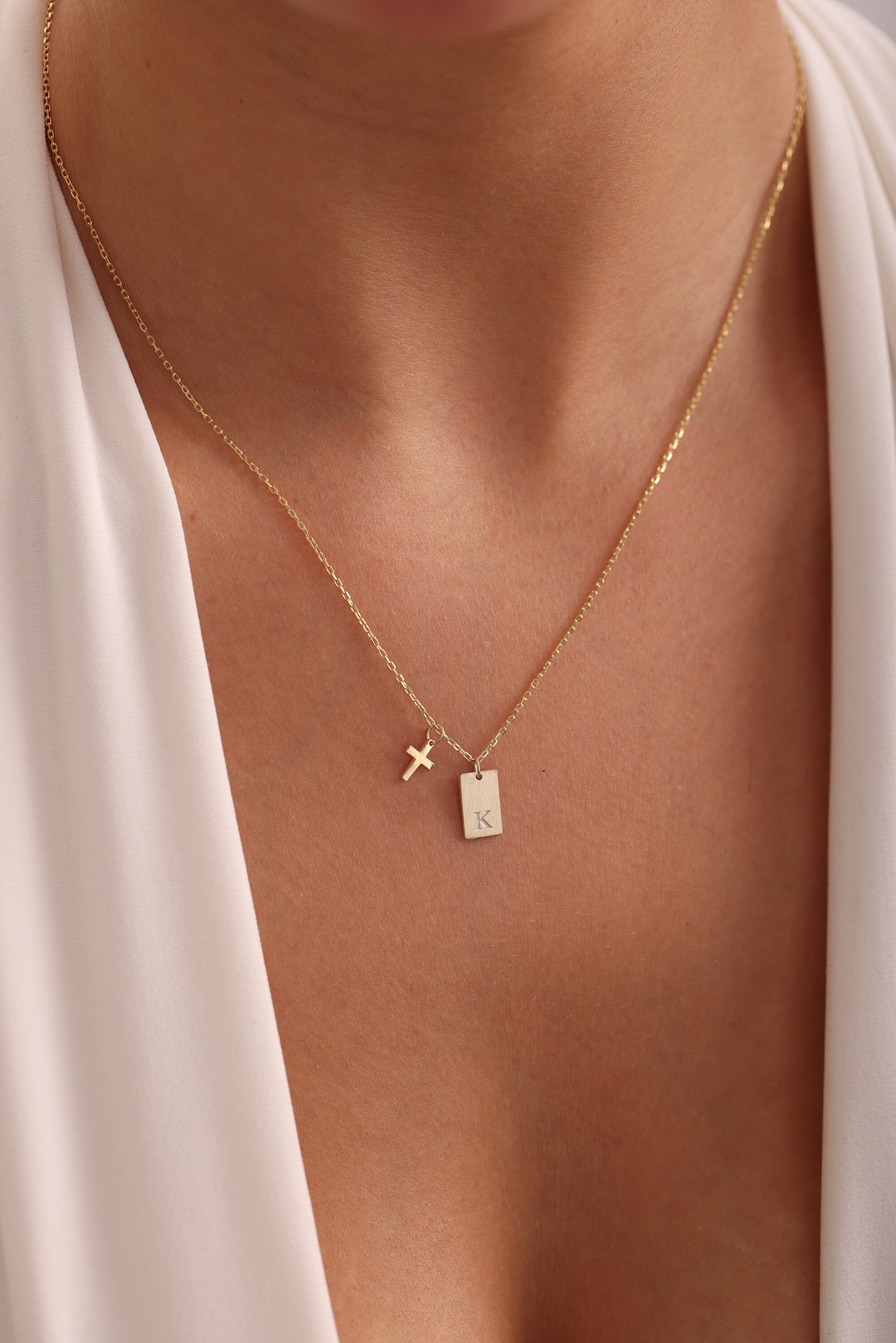Cross Initial Necklace, Engraved Letter Pendant Necklace, Dainty ...