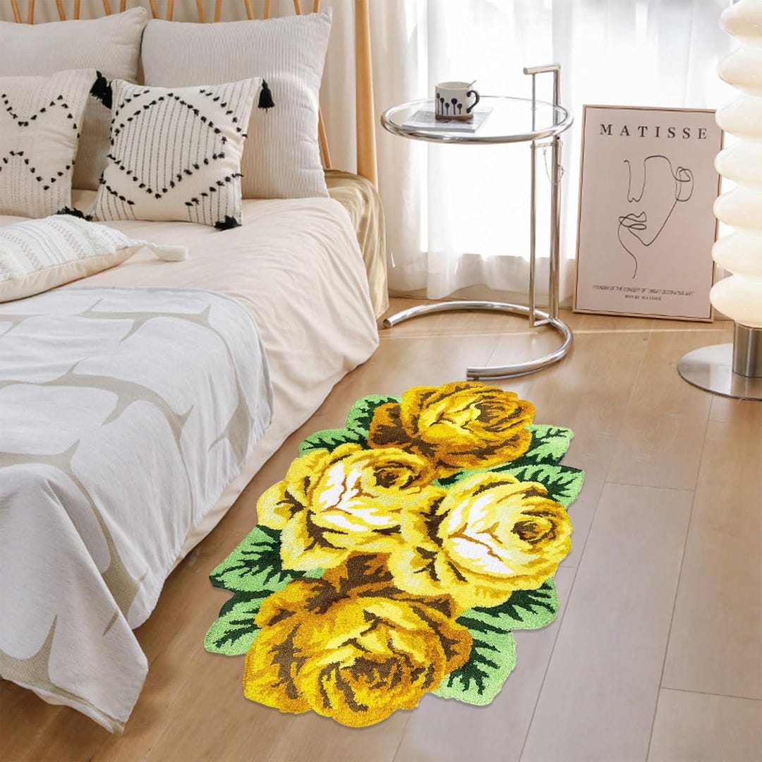 Rose With Leaf Irregular Shape, Floral Hand Tufted High Low Rug ...