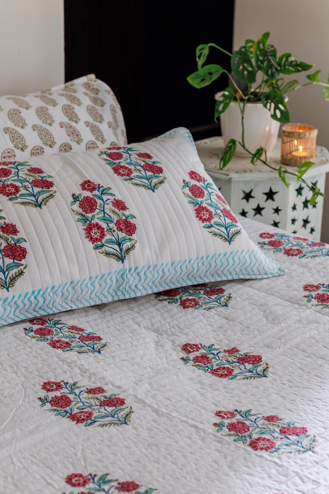 Quilted Block Print Bedding in Cotton. Cotton Bed Spread. Indian Print ...