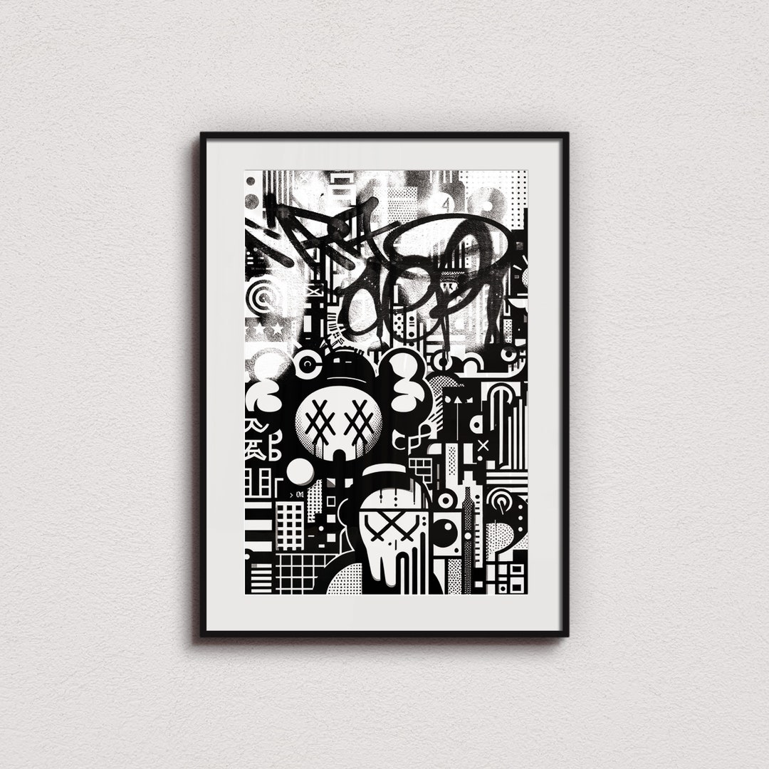 KAWS Inspired Street Art Print: Black and White Graffiti (digital ...
