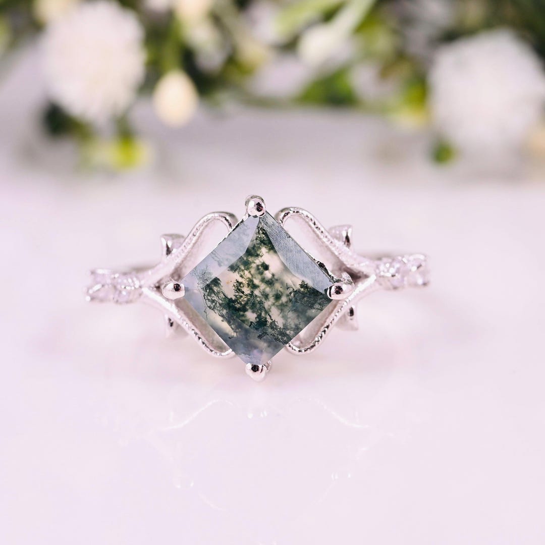 Princess Cut Moss Agate Engagement Ring: White Gold Moissanite & Cubic ...