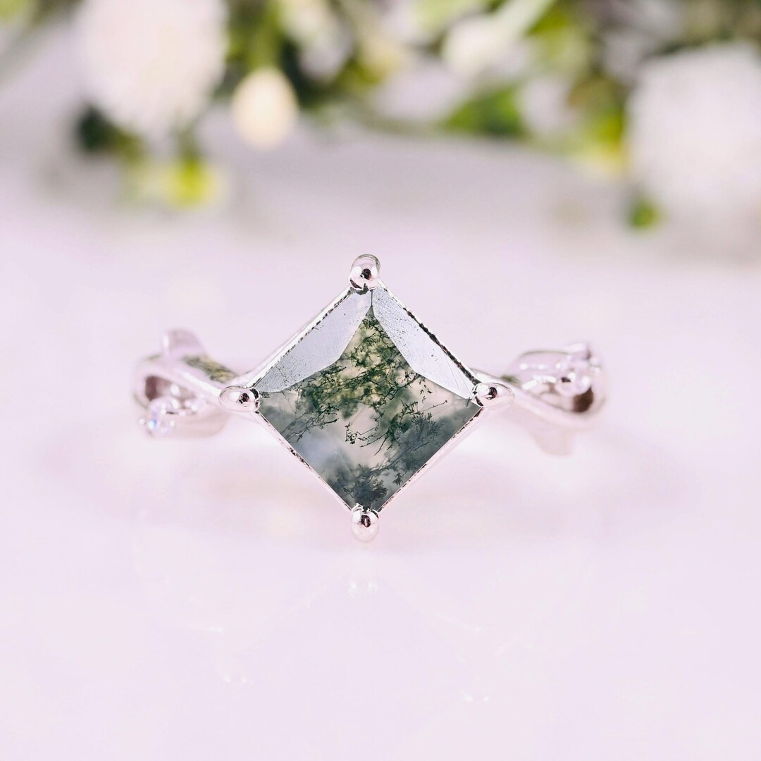 Princess Cut Moss Agate Engagement Ring: White Gold Twist Band - Etsy
