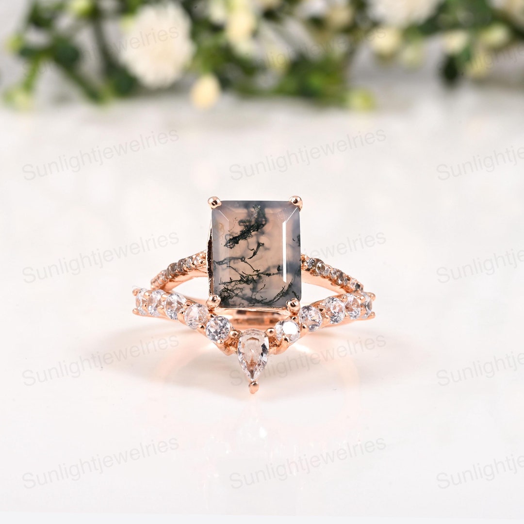 Rose Gold Emerald Cut Moss Agate Ring Set: Sterling Silver Bridal ...
