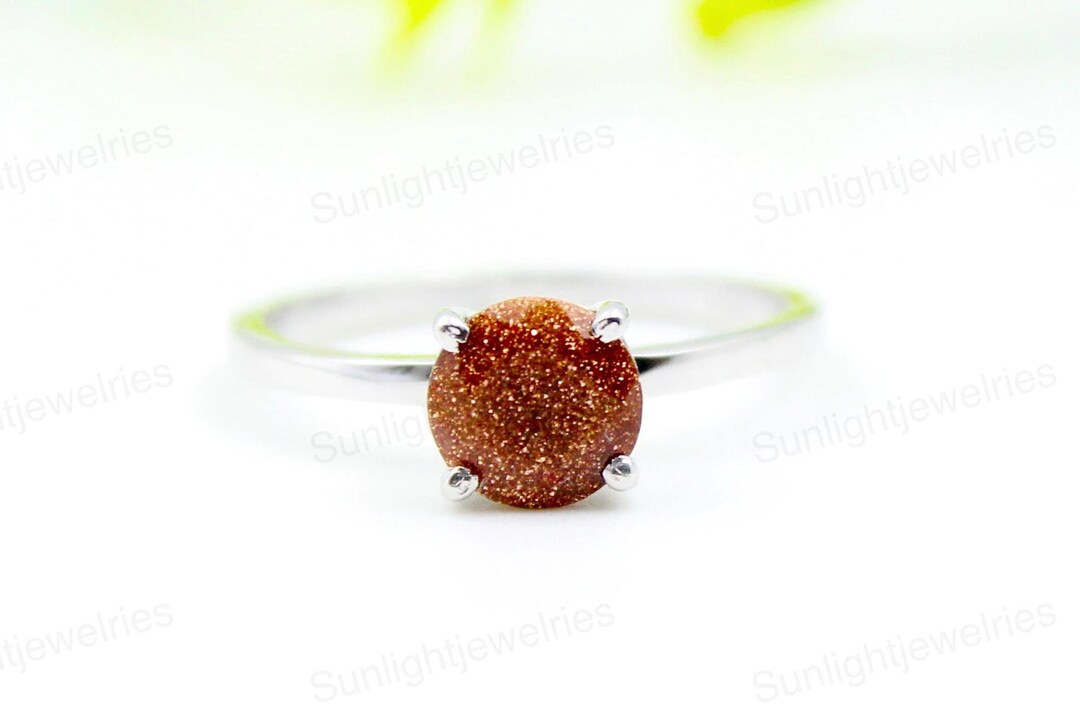 Round Goldstone Solitaire Ring in Sterling Silver 925, Dainty Glittering Brown Gem Ring ...