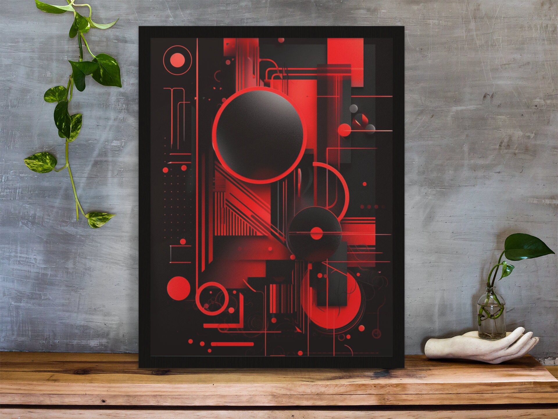 Abstract Neon Red and Black Art Print, Abstract Shapes Art, Unique ...