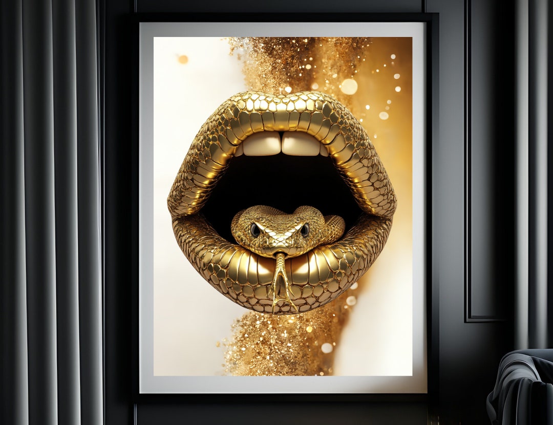 Gold Lipstick on Lips With a Snake Poster Illustration Pop Art Print ...