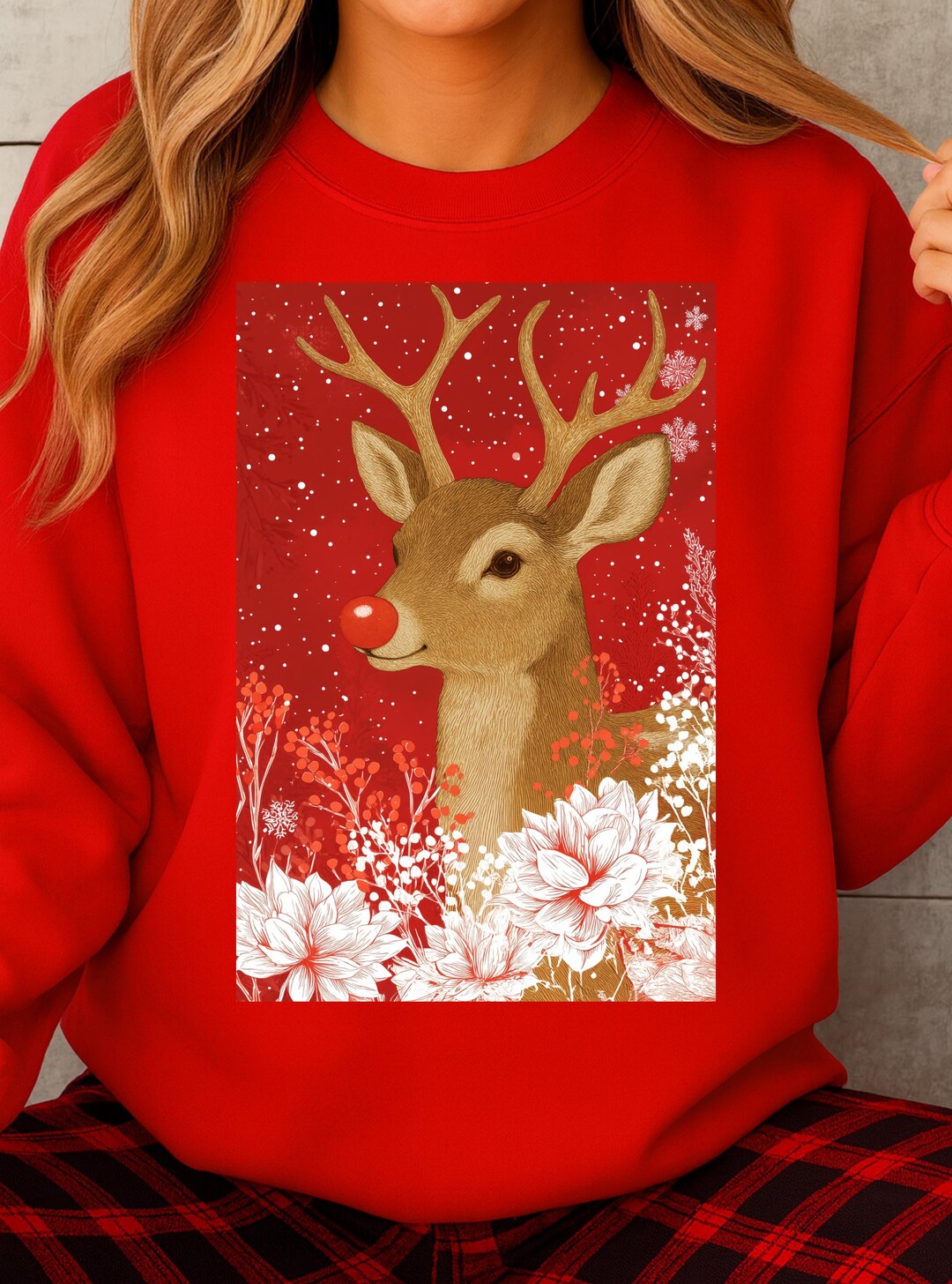 Rudolf Reindeer Christmas Sweatshirt, Cozy Winter Floral Sweater ...