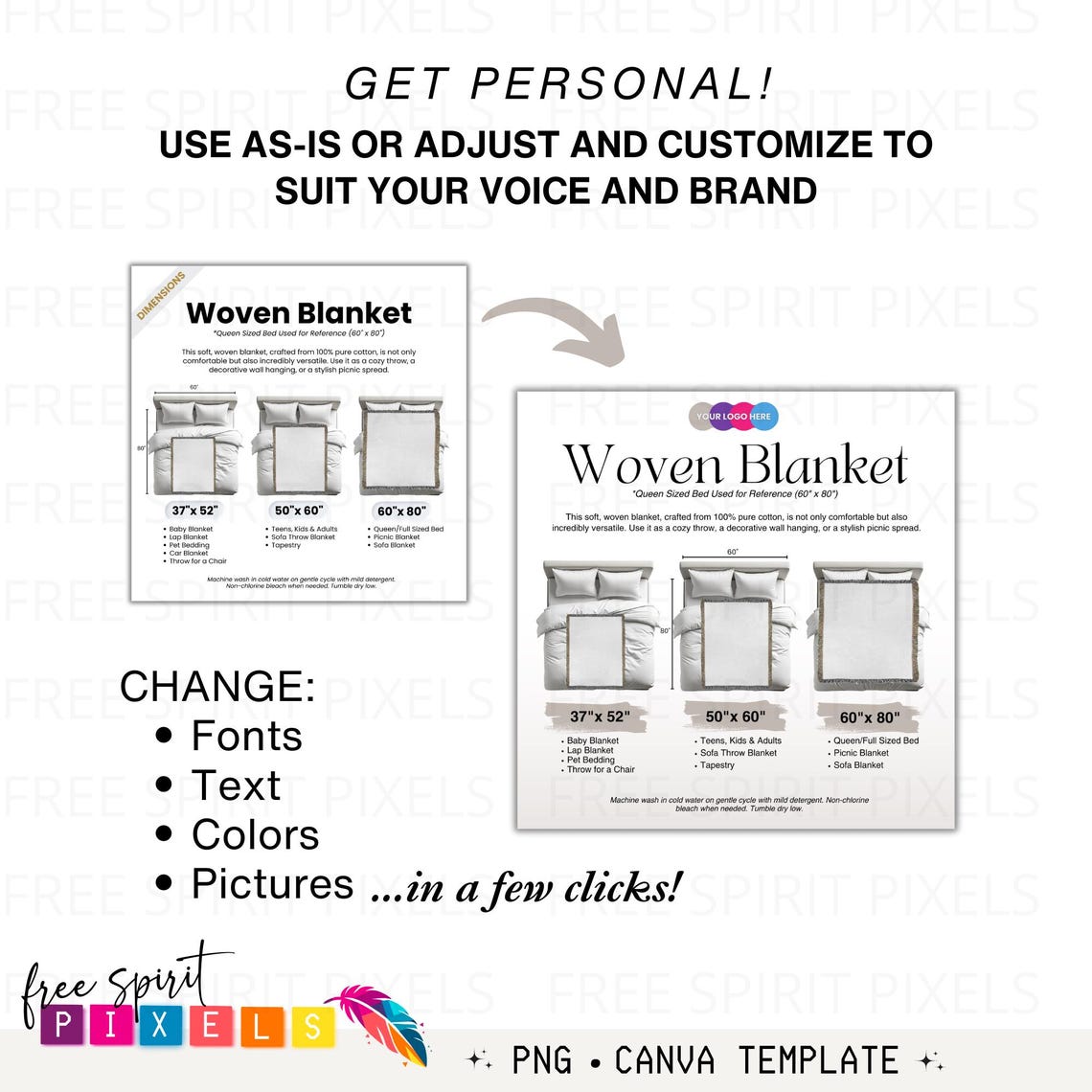 Woven Blanket Size Chart, Woven Blanket Mockup, Canva Template, Digital ...