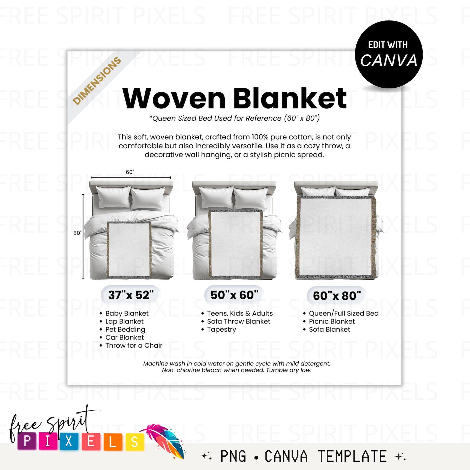 Woven Blanket Size Chart, Woven Blanket Mockup, Canva Template, Digital ...