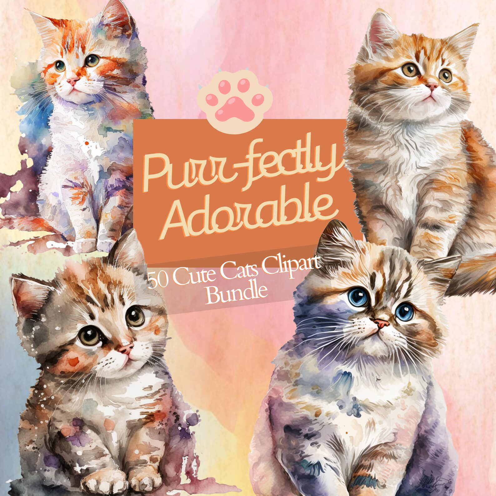 50x Files - Purr-fectly Adorable: A Watercolour Clipart Bundle of Cute ...