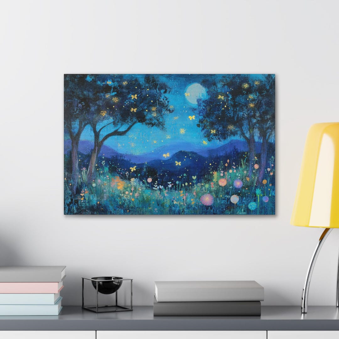 Starry Night Sky Fireflies Wall Decor Midnight Garden Canvas Art ...