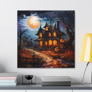 Halloween Decor Spooky Haunted House Canvas Colorful Halloween Wall Art ...