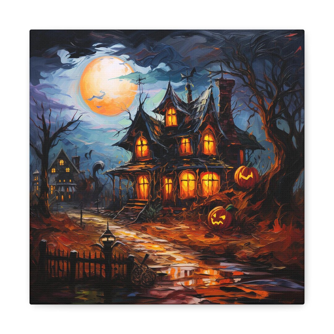 Halloween Decor Spooky Haunted House Canvas Colorful Halloween Wall Art ...