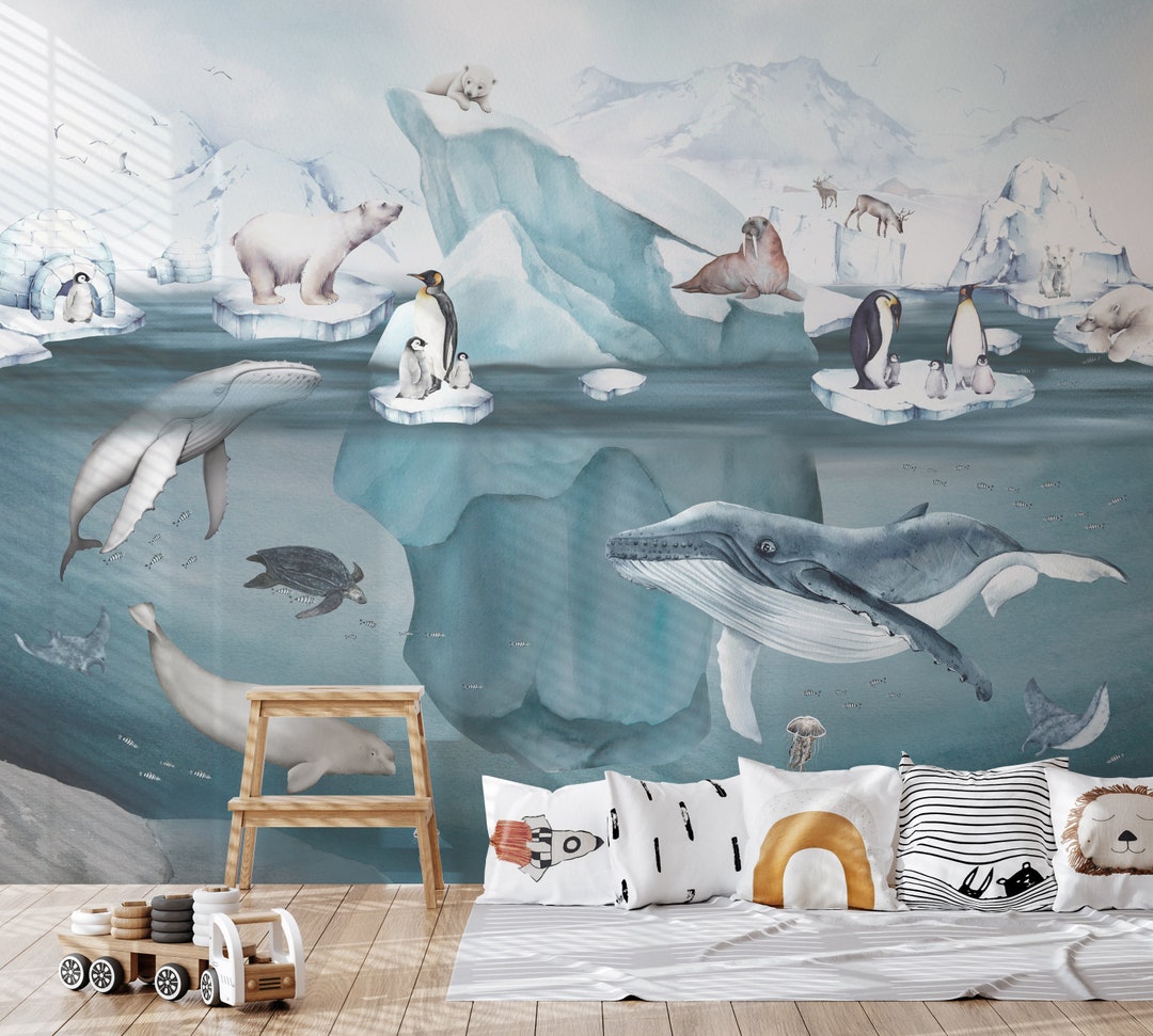 Arctic Sea Wall Mural, Arctic Sea Wallpaper With Whale, Penguin Polar ...