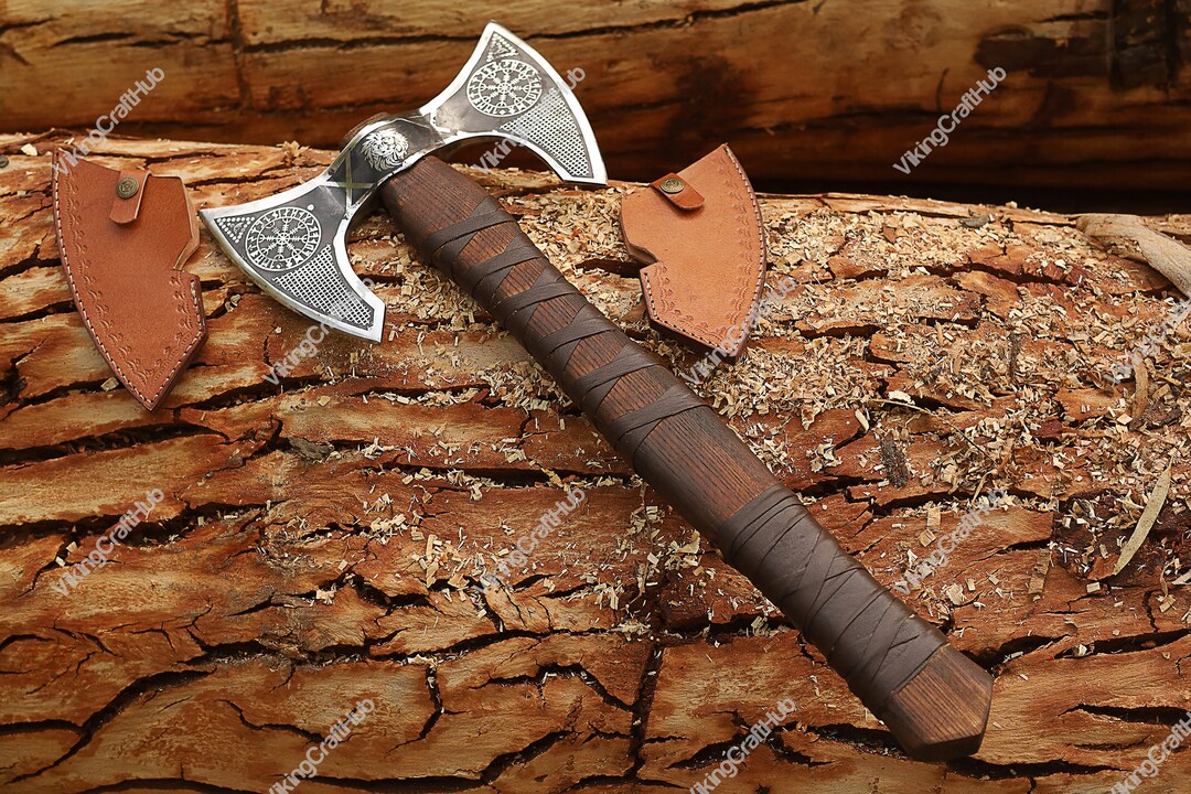 Custom Double Headed Viking Axe With Leather Sheath, 20 to 22 Inches ...