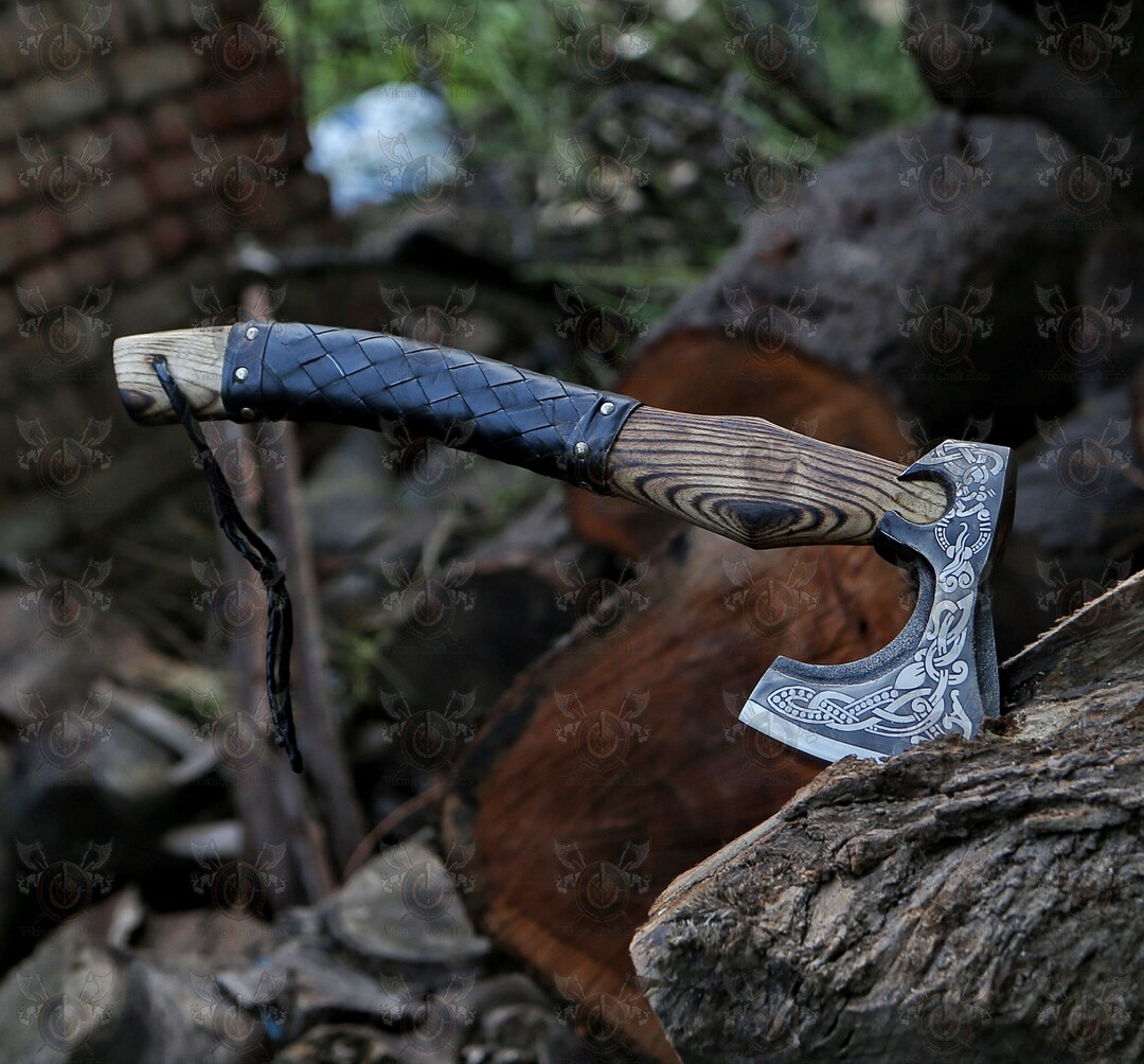 CUSTOM VIKING AXE With Leather Sheath, Engraved Hand Forged Carbon ...