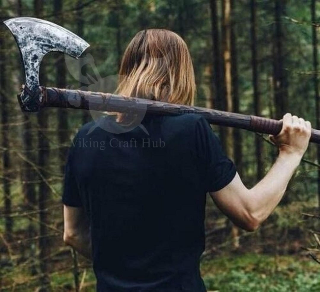 Custom Two Handed Viking Axe With Leather Sheath | Hand Forged Carbon ...