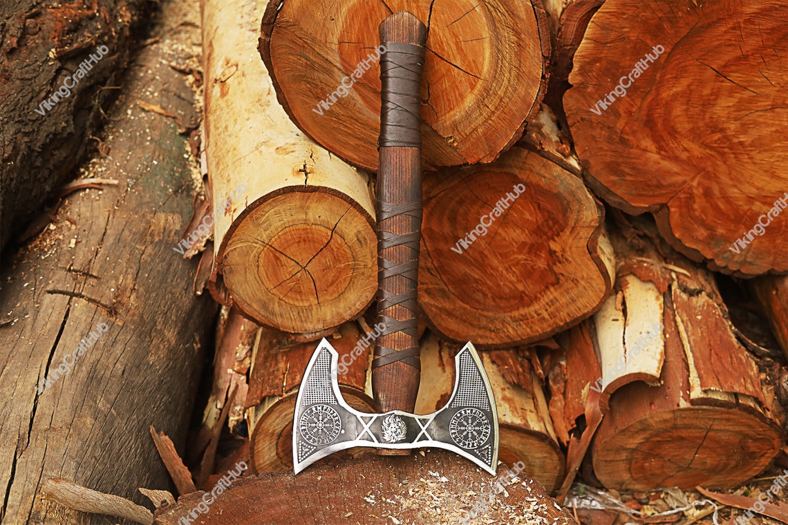 Custom Double Headed Viking Axe With Leather Sheath, 20 to 22 Inches ...