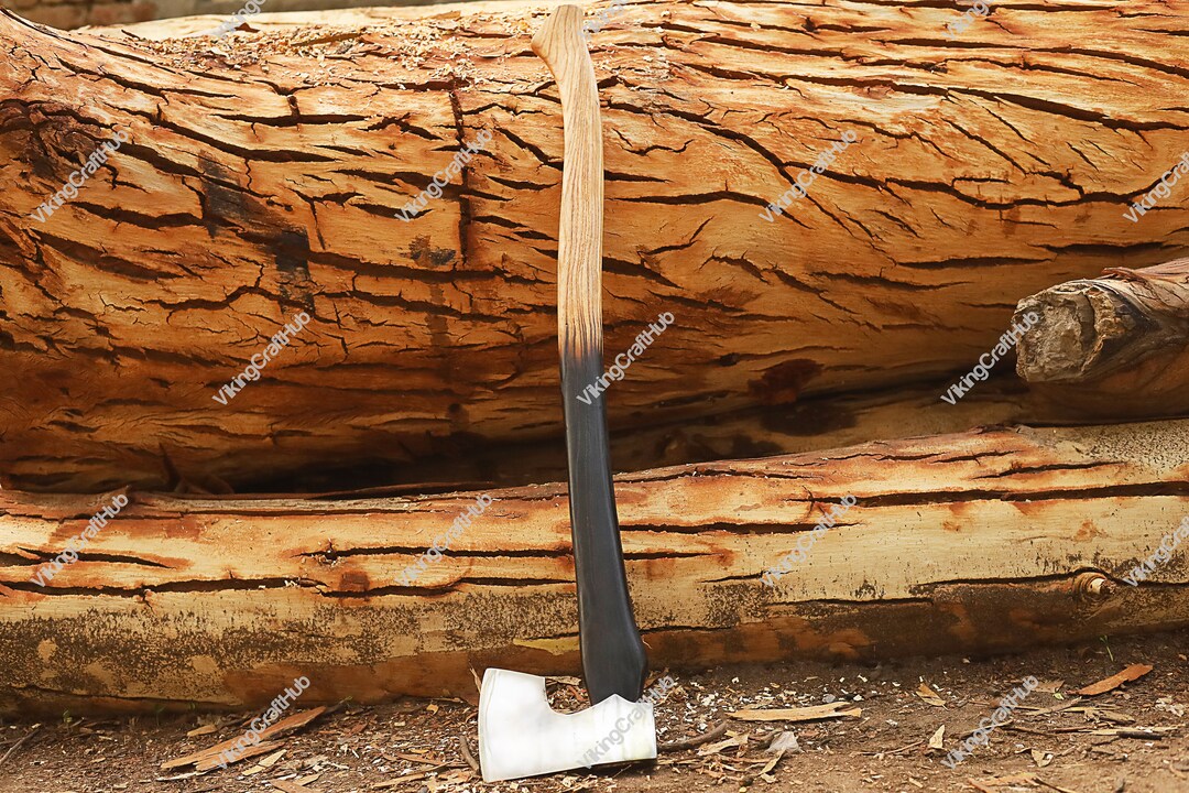 TWO HANDED VIKING Axe With Leather Sheath, Black & White Wooden Handle ...