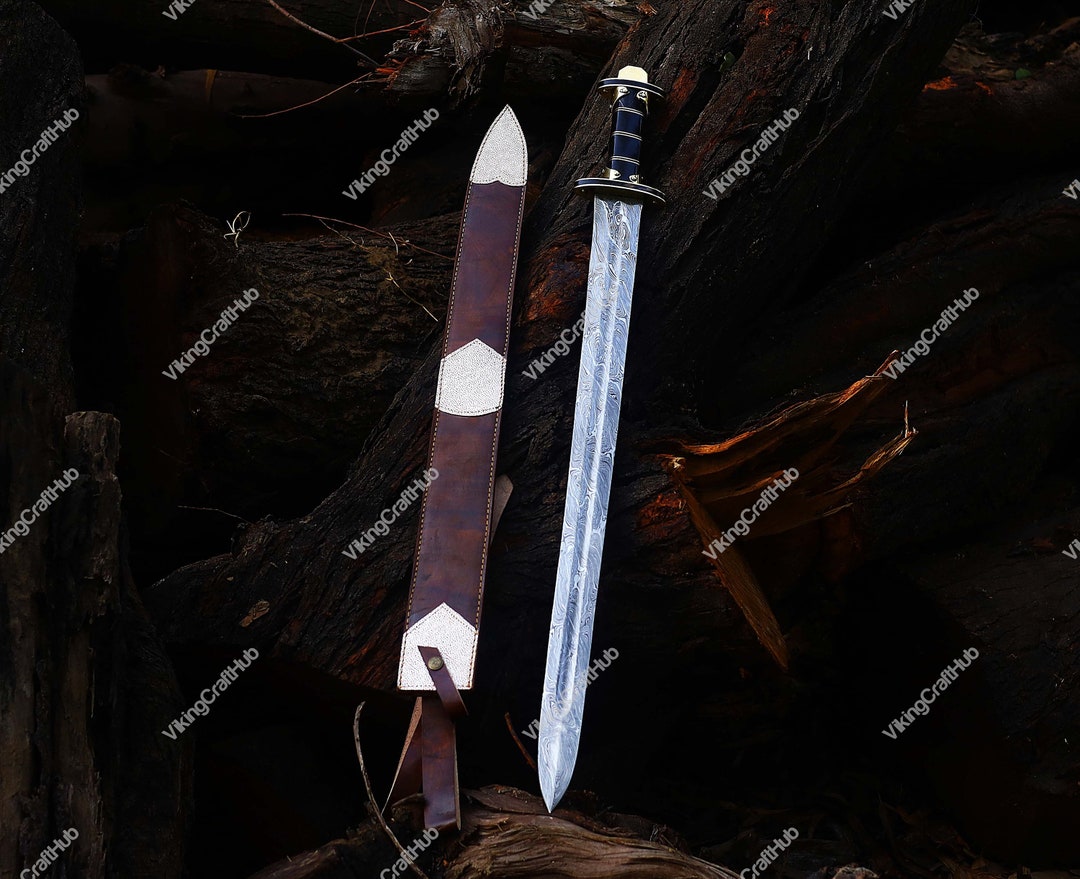 CUSTOM VIKING SWORD With Leather Sheath, Hand Forged Wooden Handle ...