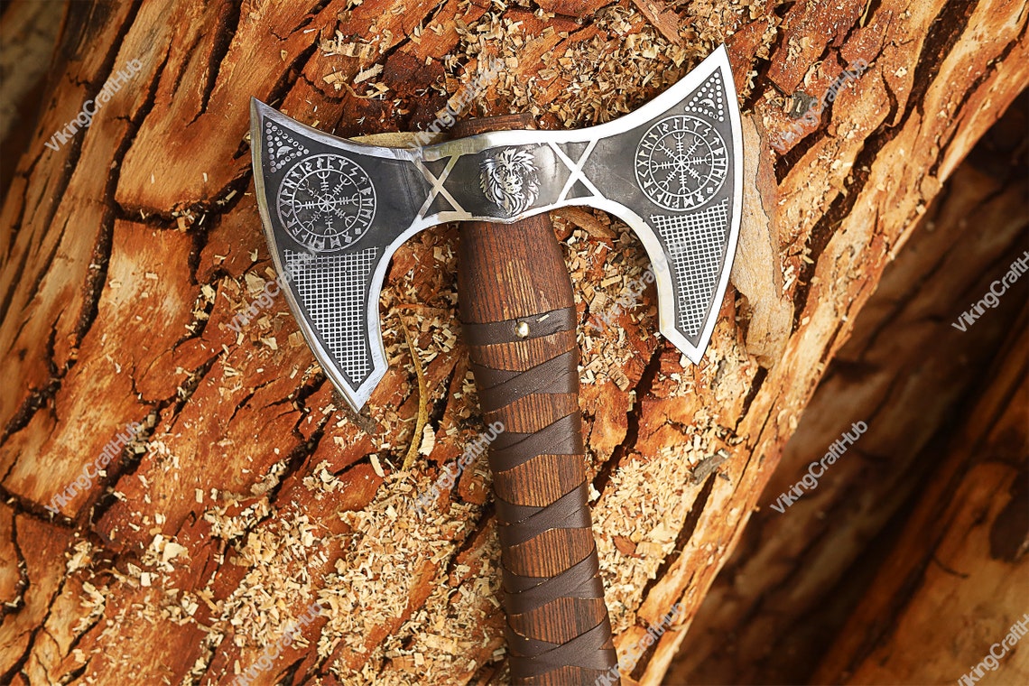 Custom Double Headed Viking Axe With Leather Sheath, 20 to 22 Inches ...