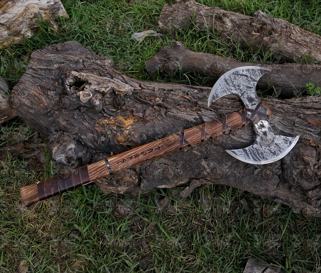 Custom DOUBLE HEADED AXE With Leather Sheath Hand Forged Carbon Steel ...