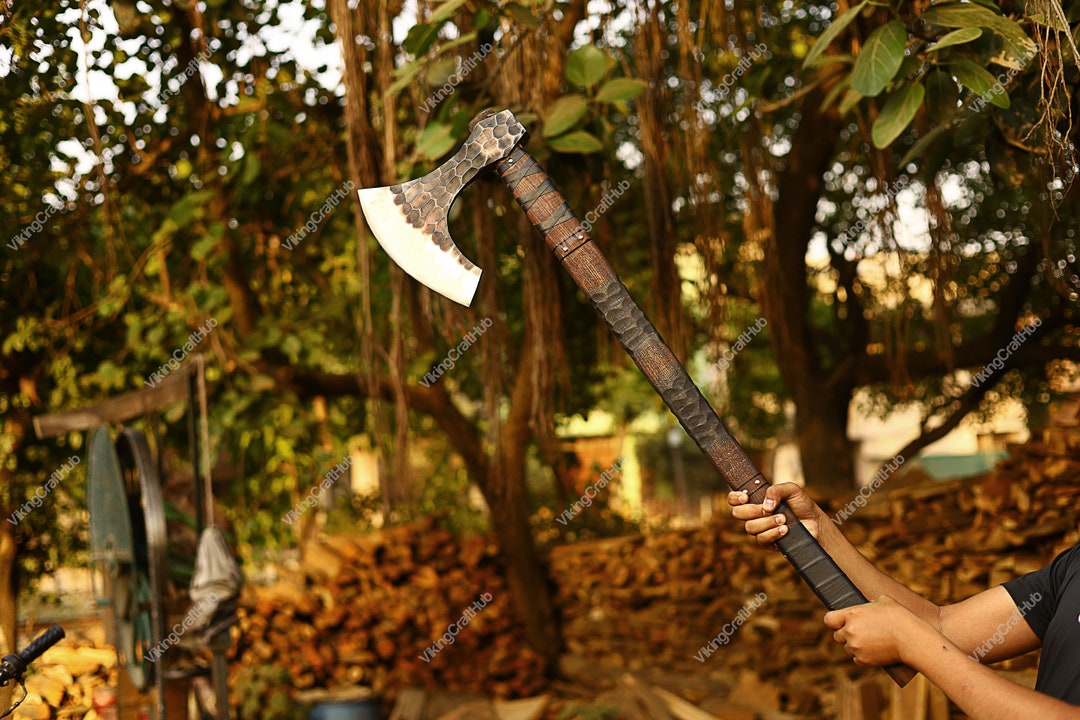 TWO HANDED AXE With Leather Sheath, Hand-forged Carbon Steel Berserker ...