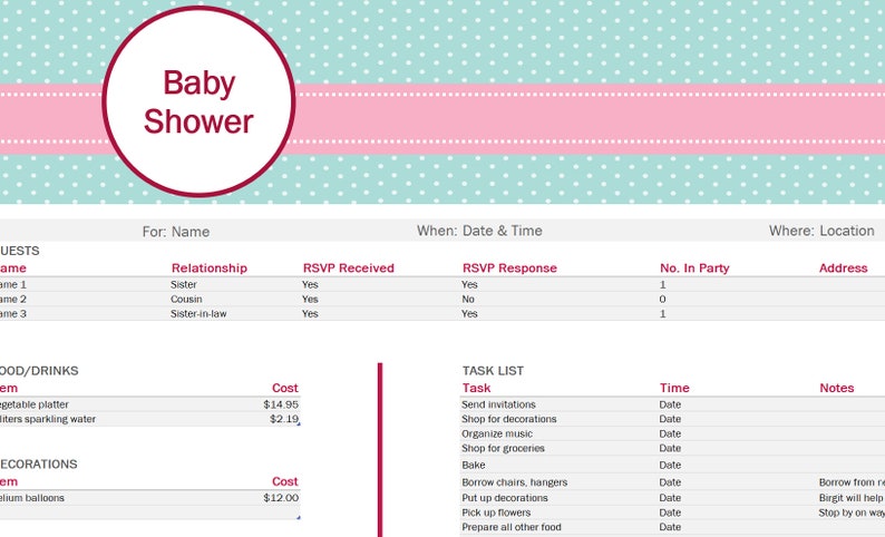 Excel Baby Shower Tracker Spreadsheet - Etsy