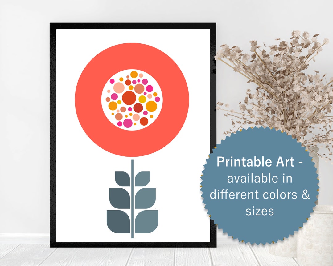 Red Orange Printable Wall Abstract Art Flower Skandi Design, Mid ...