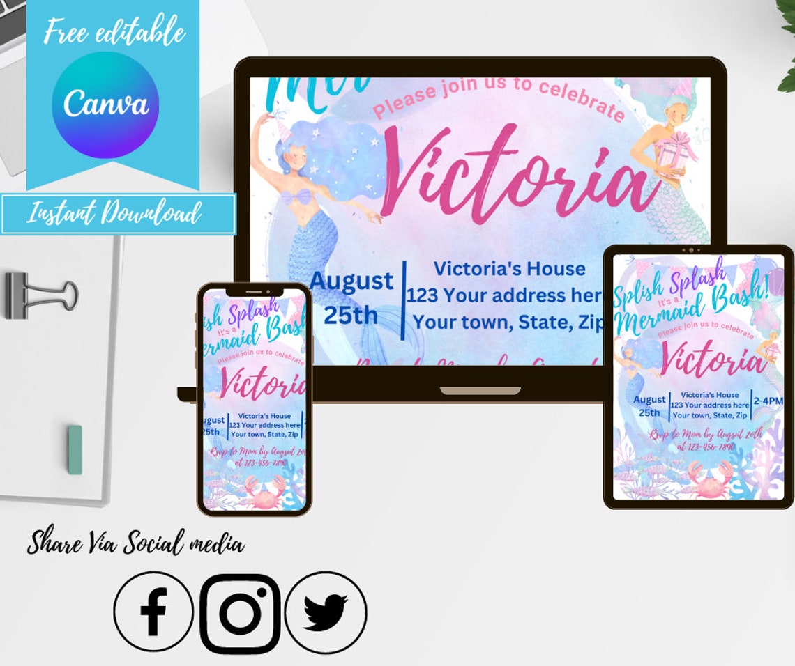 Mermaid Birthday Girl Invitation Digital Download, Editable on Canva ...