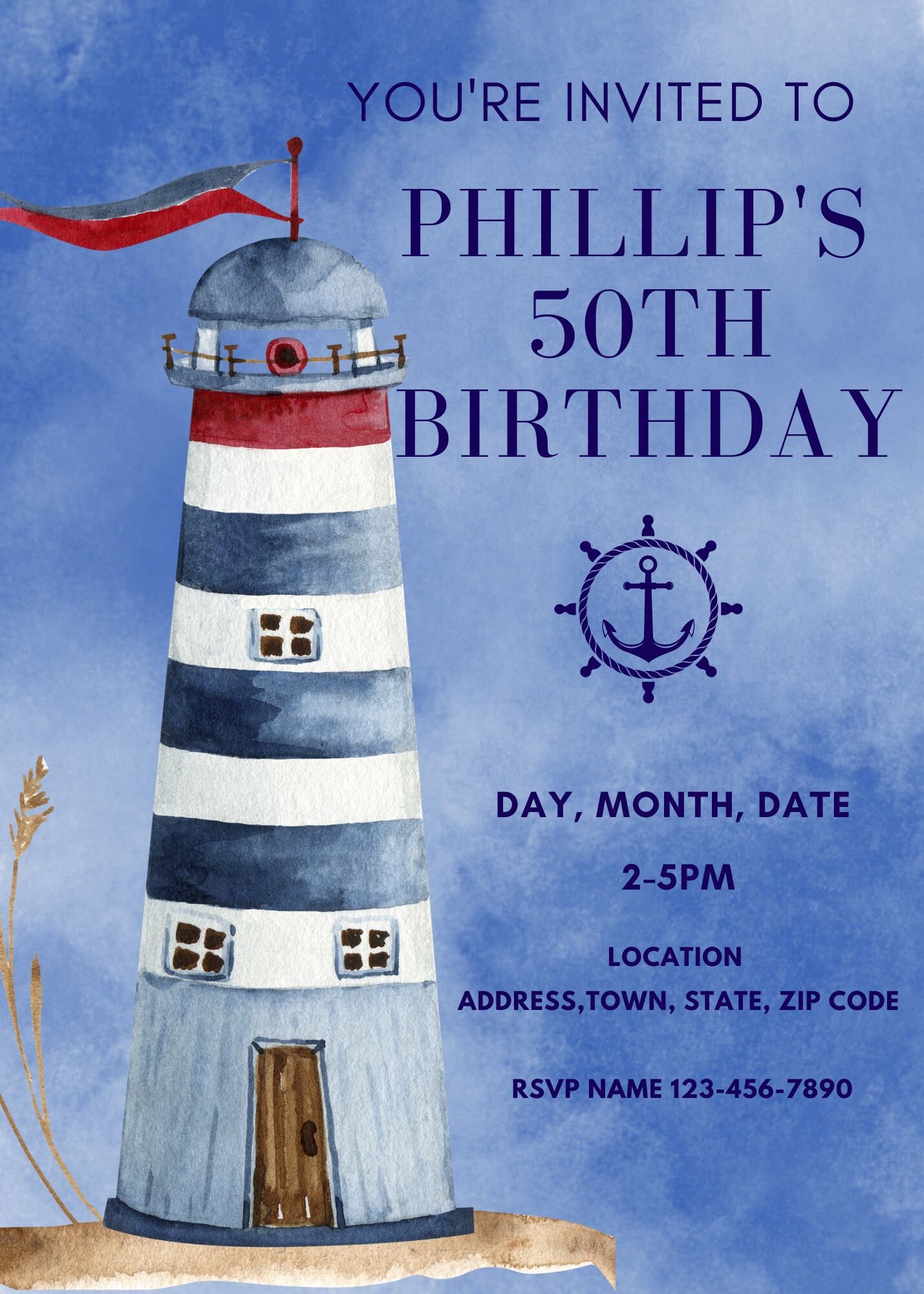 Nautical Navy Blue Lighthouse Party Invitation-watercolor-editable ...