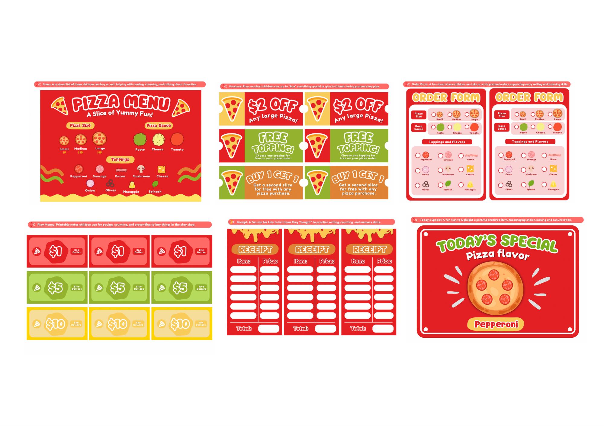 26 Pages - Pizza Shop Pretend Play Set - Kids Dramatic Play Restaurant ...