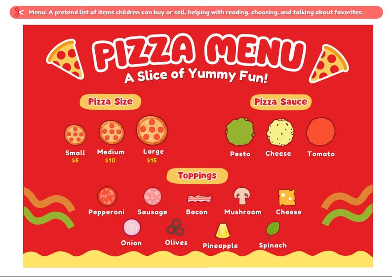 26 Pages - Pizza Shop Pretend Play Set - Kids Dramatic Play Restaurant ...
