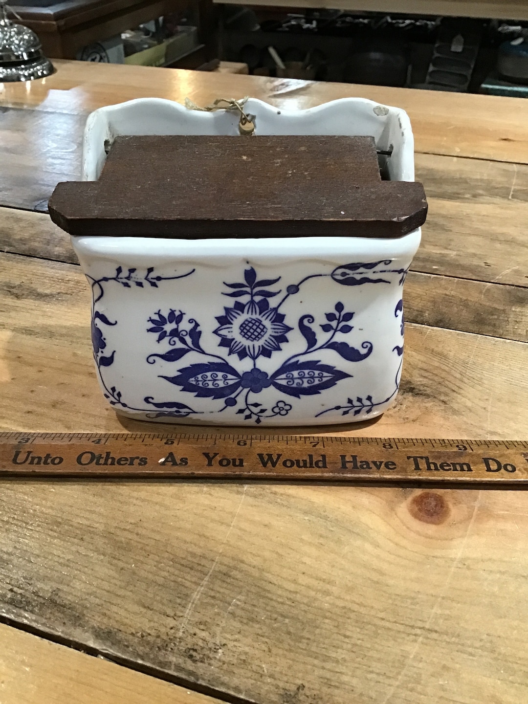 Antique Blue and White Stoneware Salt Box - Etsy