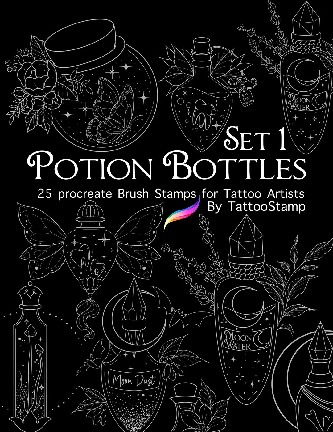 Potion Bottle Procreate Tattoo Brush Set - Spell Bottle Flash Sheet Stamps - Witchy Clip Art ...