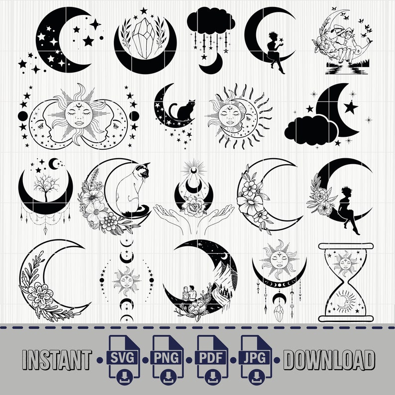 Moon Svg Bundle, Moon and Stars Svg, Crescent Moon Svg, Celestial Svg ...